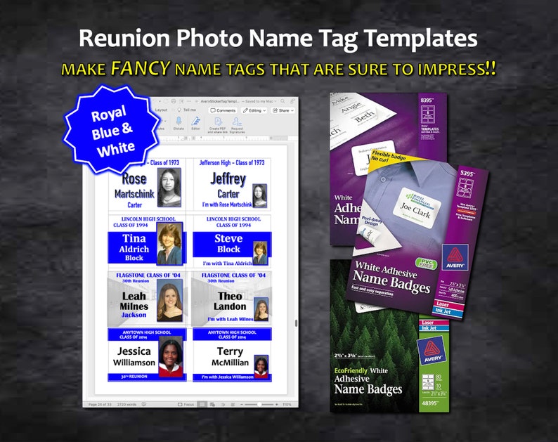 Class Reunion Avery Sticker Name Tag Templates royal Blue & White 2.33 ...