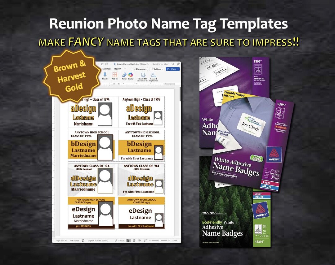 Class Reunion Avery Sticker Name Tag Templates - (brown & Harvest Gold ...