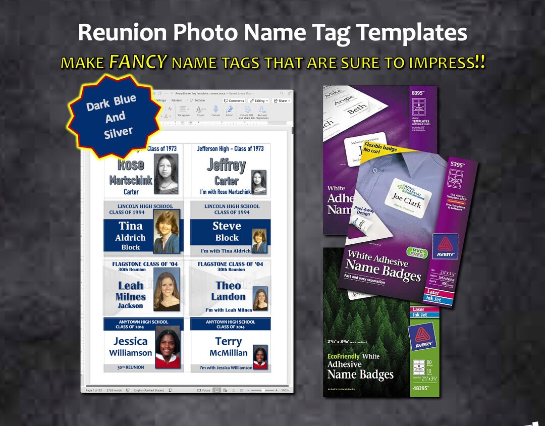 Class Reunion Avery Sticker Name Tag Templates - (blue+silver) 2.33 X 3 ...