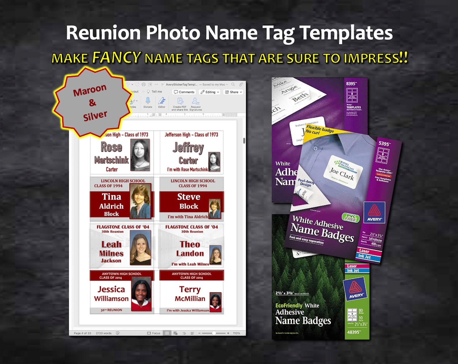 Class Reunion Avery Sticker Name Tag Templates - (maroon & Silver) 2.33 ...