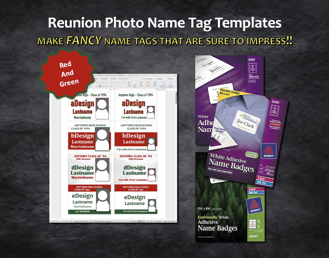 Class Reunion Avery Sticker Name Tag Templates - (green & Red) 2.33 X 3 ...