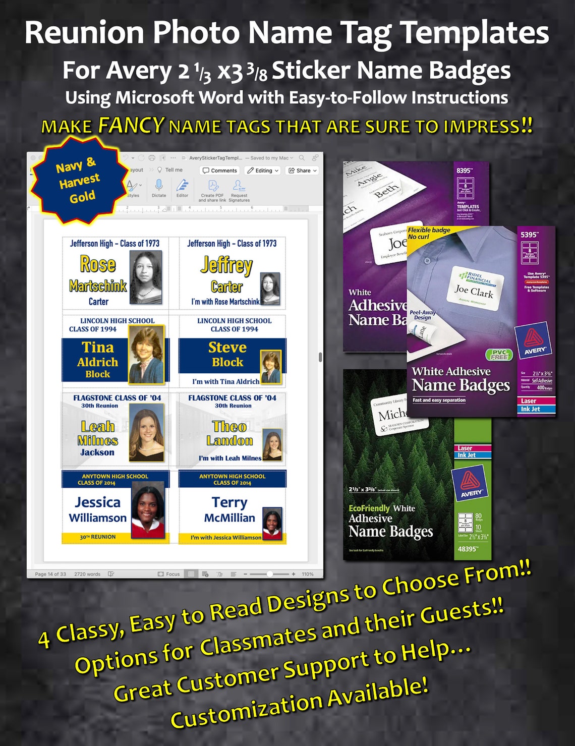 Class Reunion Avery Sticker Name Tag Templates navy & Harvest Gold 2.33 ...