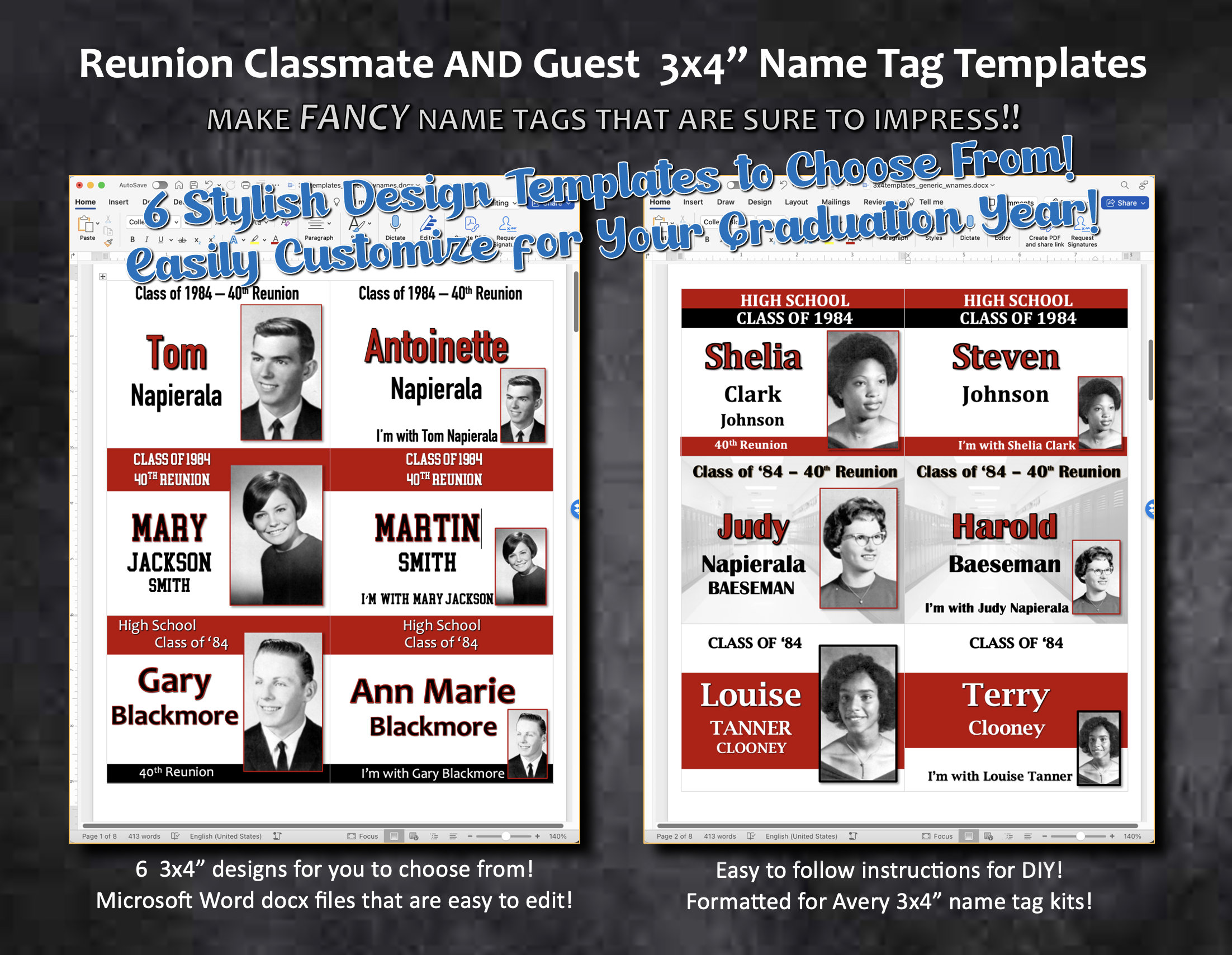 Reunion Name Tag Templates - DIGITAL DOWNLOAD (scarlet Red, Black ...