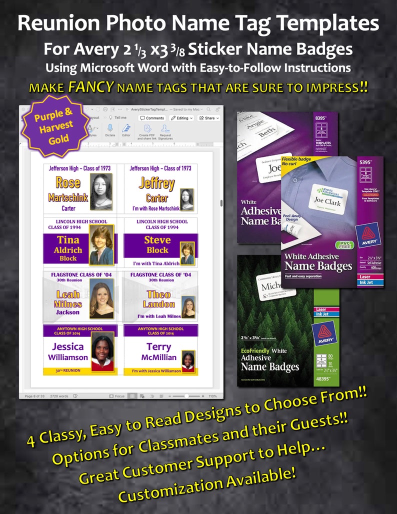 Class Reunion Avery Sticker Name Tag Templates purple & Harvest Gold 2. ...