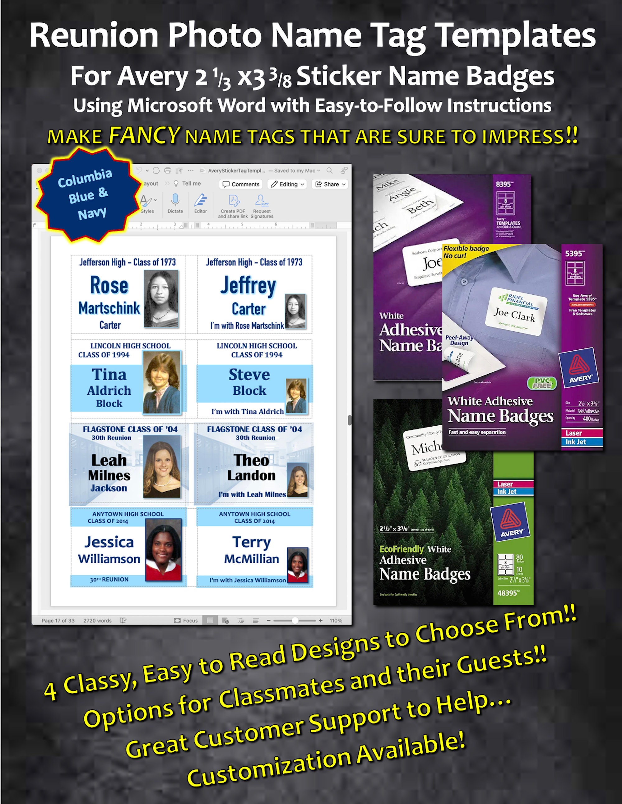Class Reunion Avery Sticker Name Tag Templates columbia Blue & Navy 2. ...