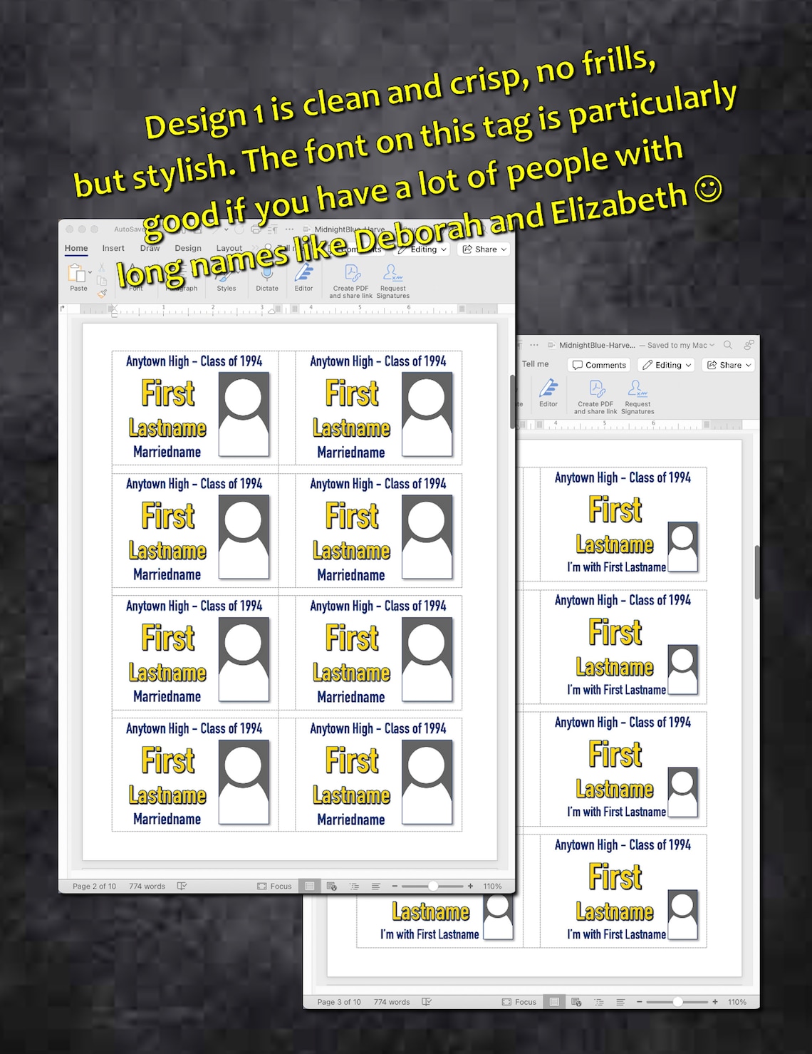 Class Reunion Avery Sticker Name Tag Templates - (navy & Harvest Gold ...
