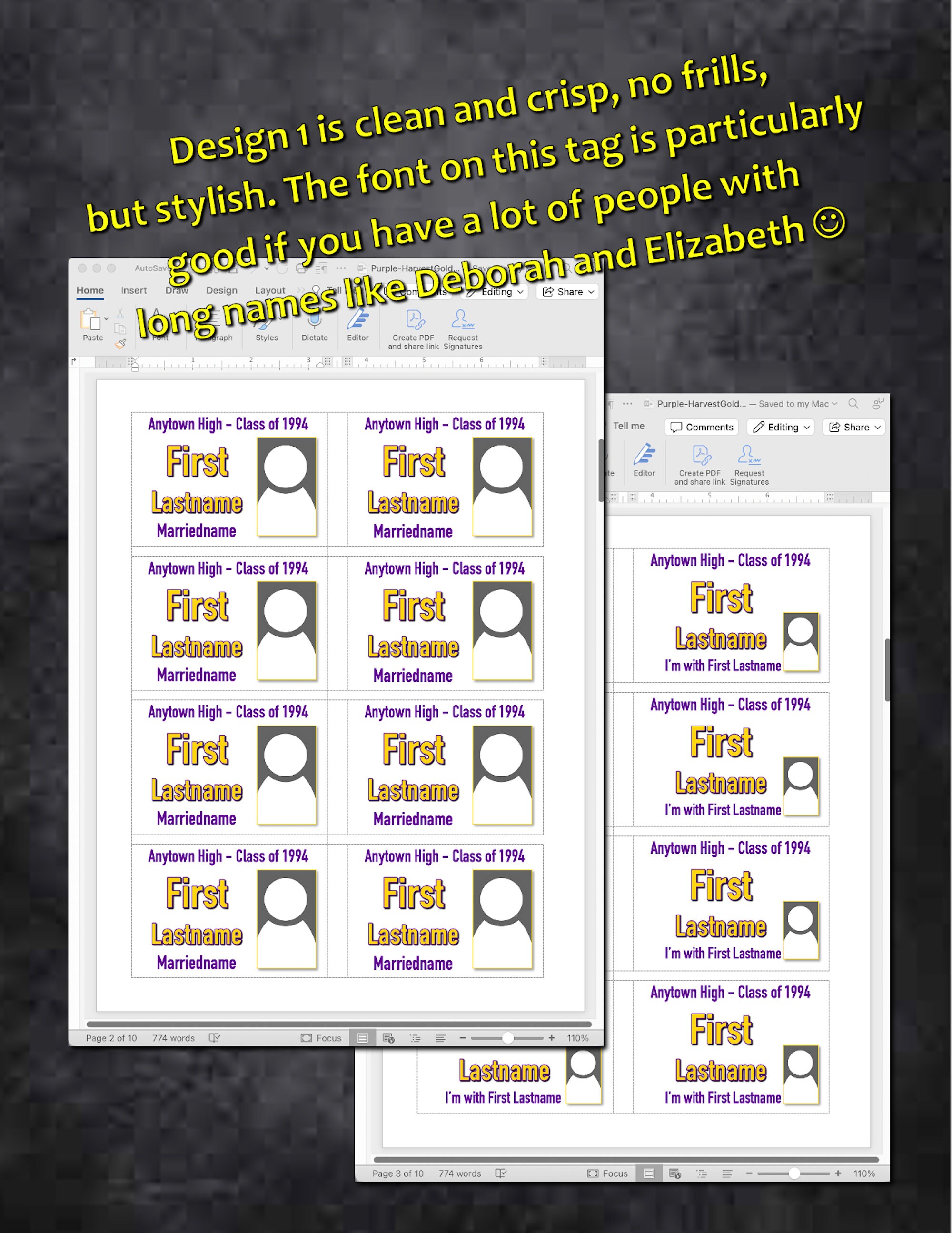 Class Reunion Avery Sticker Name Tag Templates - (purple & Harvest Gold ...