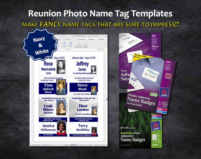 Class Reunion Avery Sticker Name Tag Templates - (navy & White) 2.33 X ...