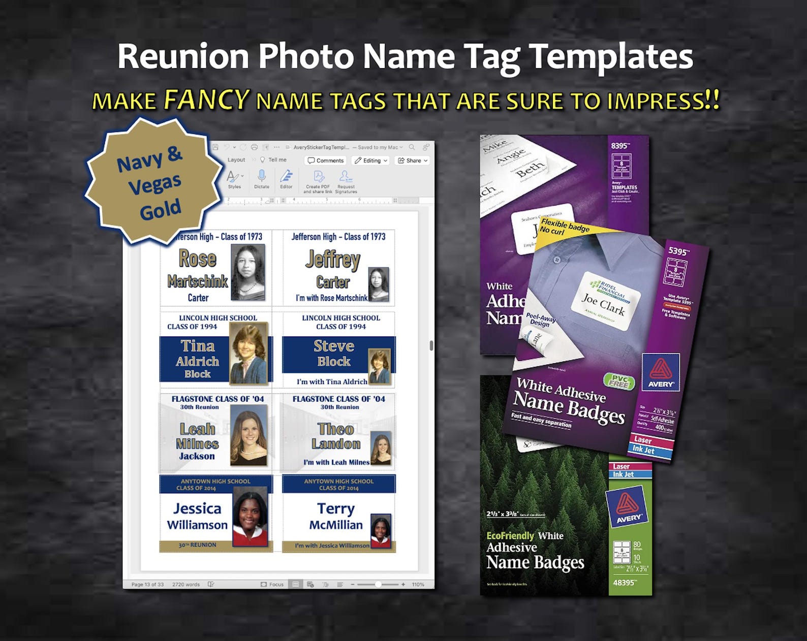 Class Reunion Avery Sticker Name Tag Templates - (navy & Vegas Gold) 2. ...