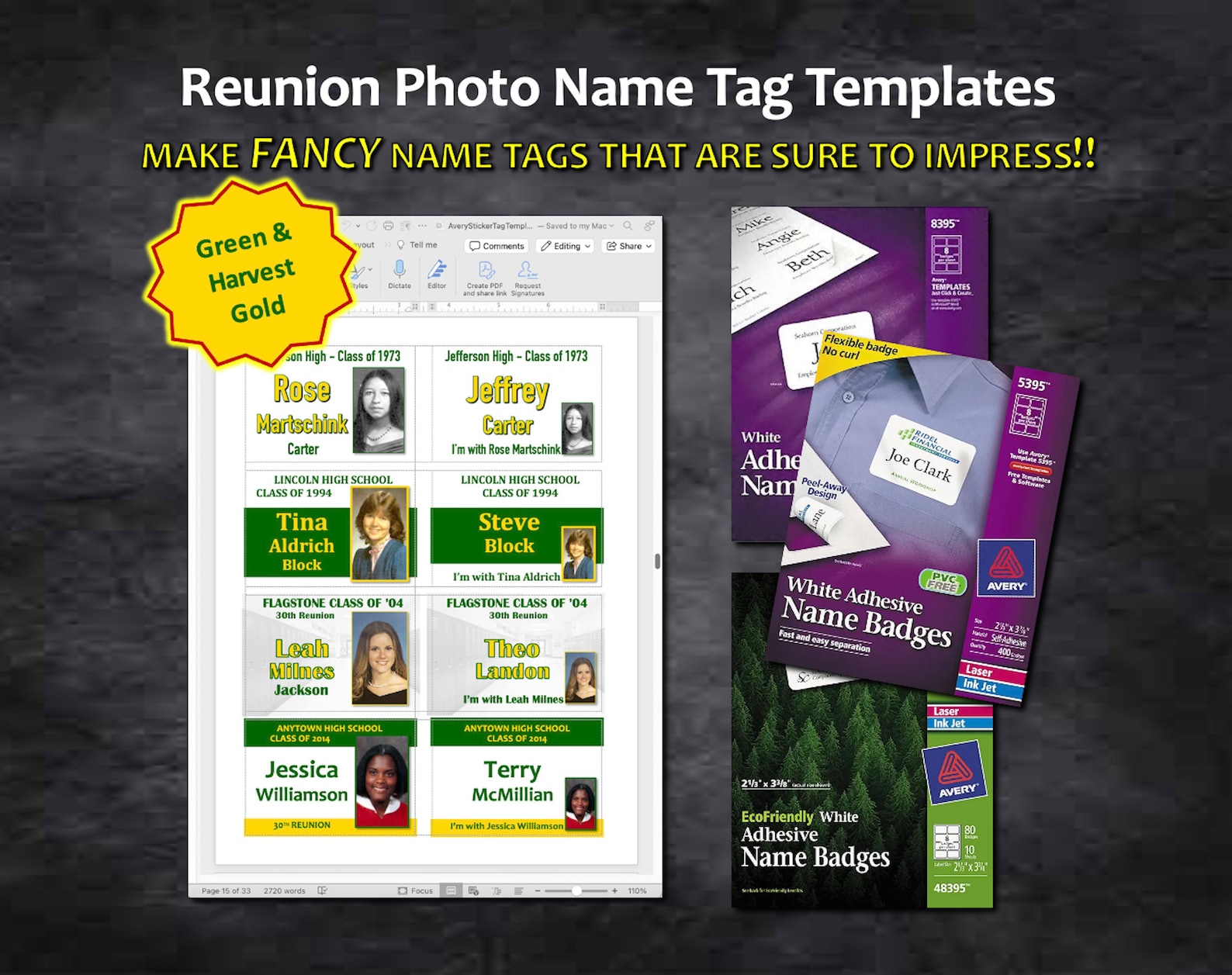 Class Reunion Avery Sticker Name Tag Templates - (green & Harvest Gold ...