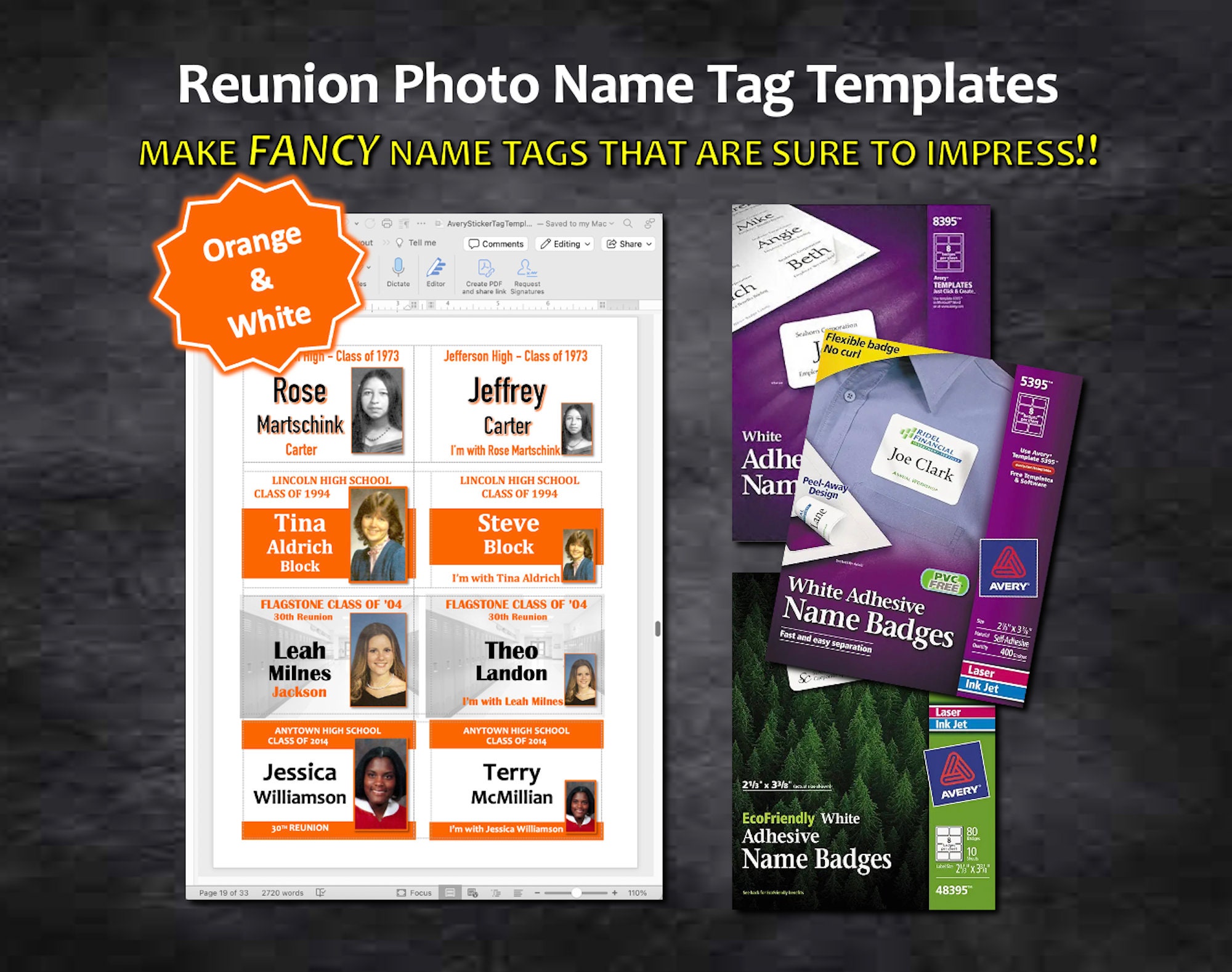Class Reunion Avery Sticker Name Tag Templates orange & White 2.33 X 3. ...