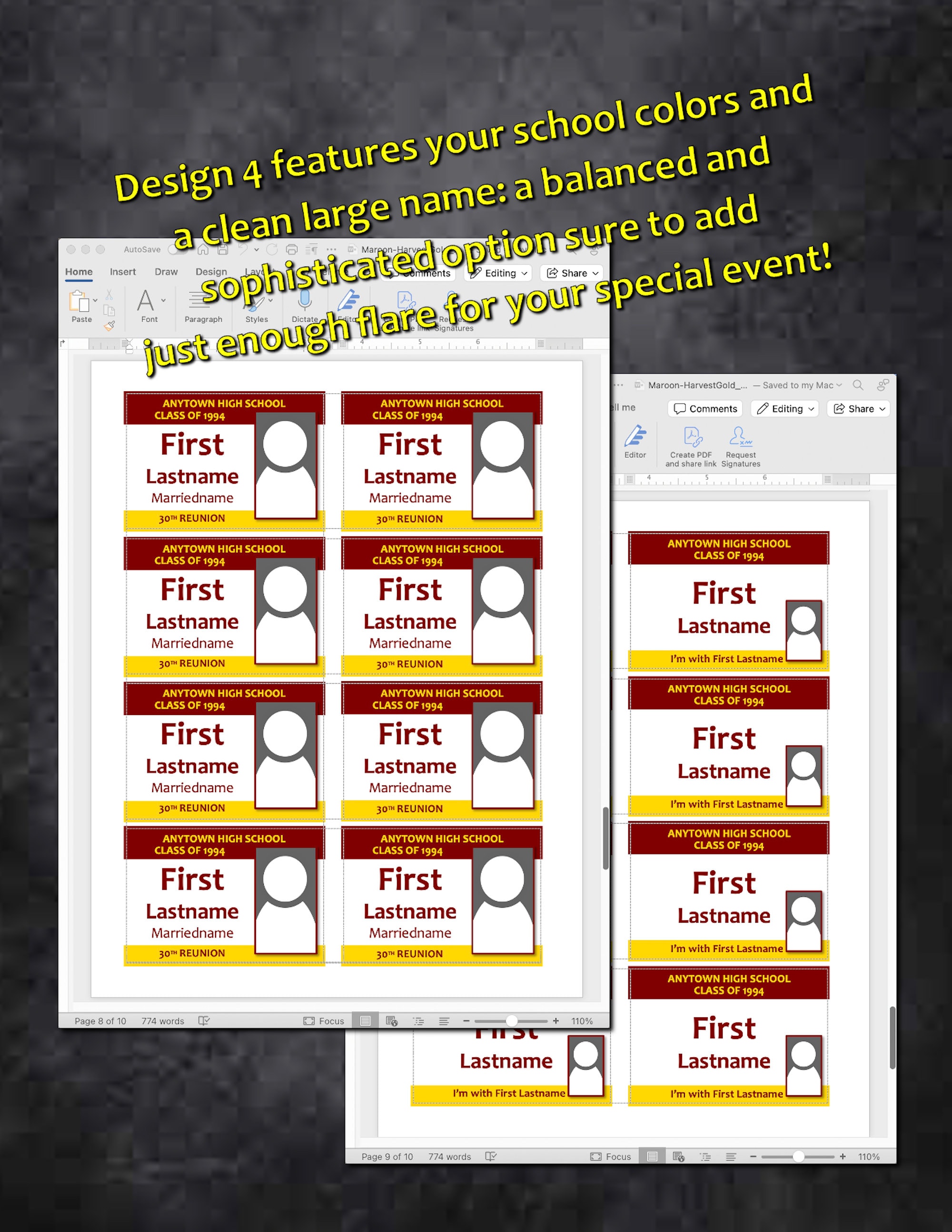 Class Reunion Avery Sticker Name Tag Templates - (maroon & Harvest Gold ...