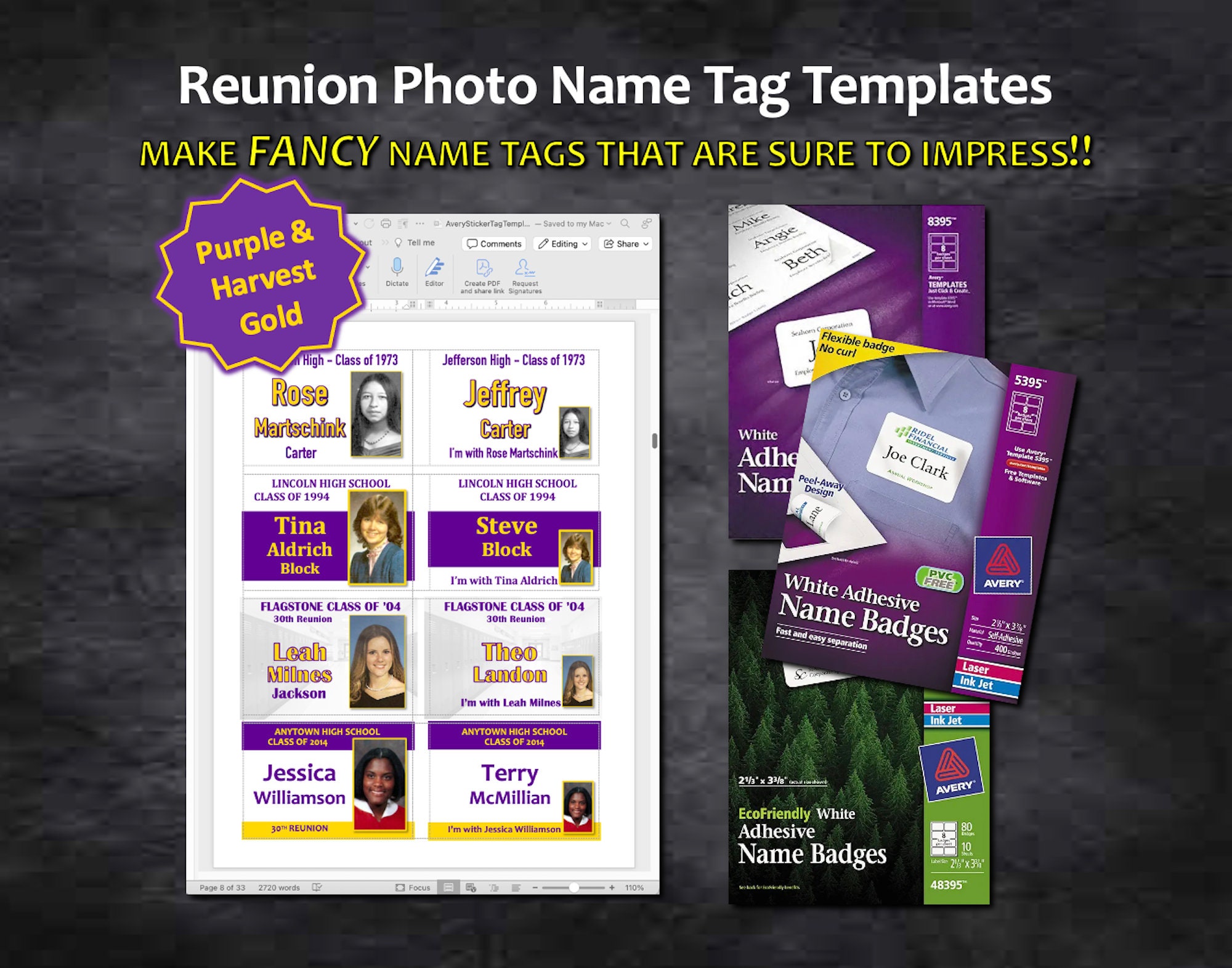 Class Reunion Avery Sticker Name Tag Templates purple & Harvest Gold 2. ...