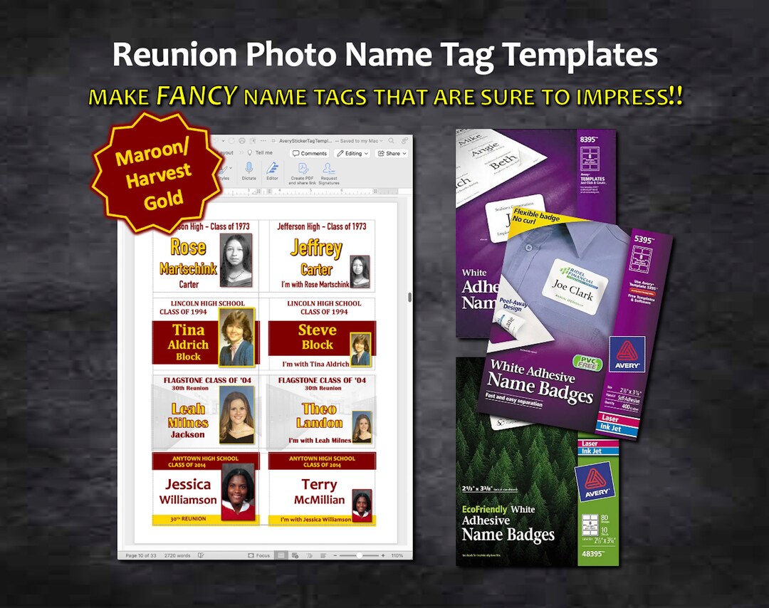 Class Reunion Avery Sticker Name Tag Templates - (maroon & Harvest Gold ...