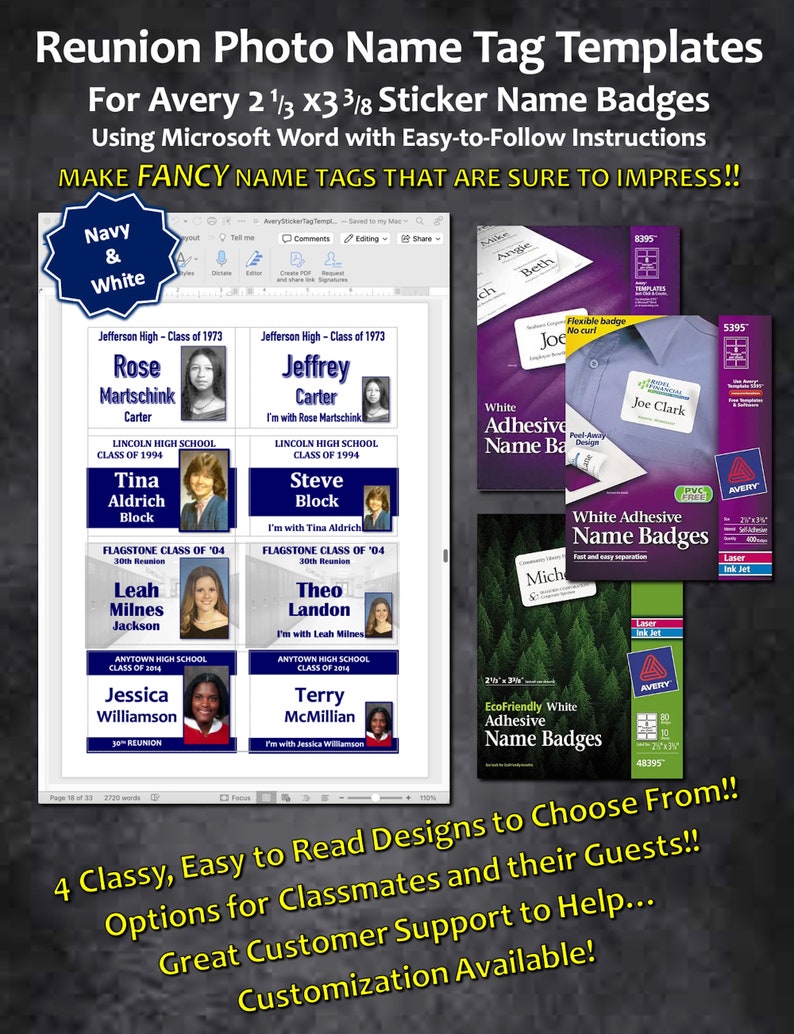 Class Reunion Avery Sticker Name Tag Templates - (navy & White) 2.33 X ...