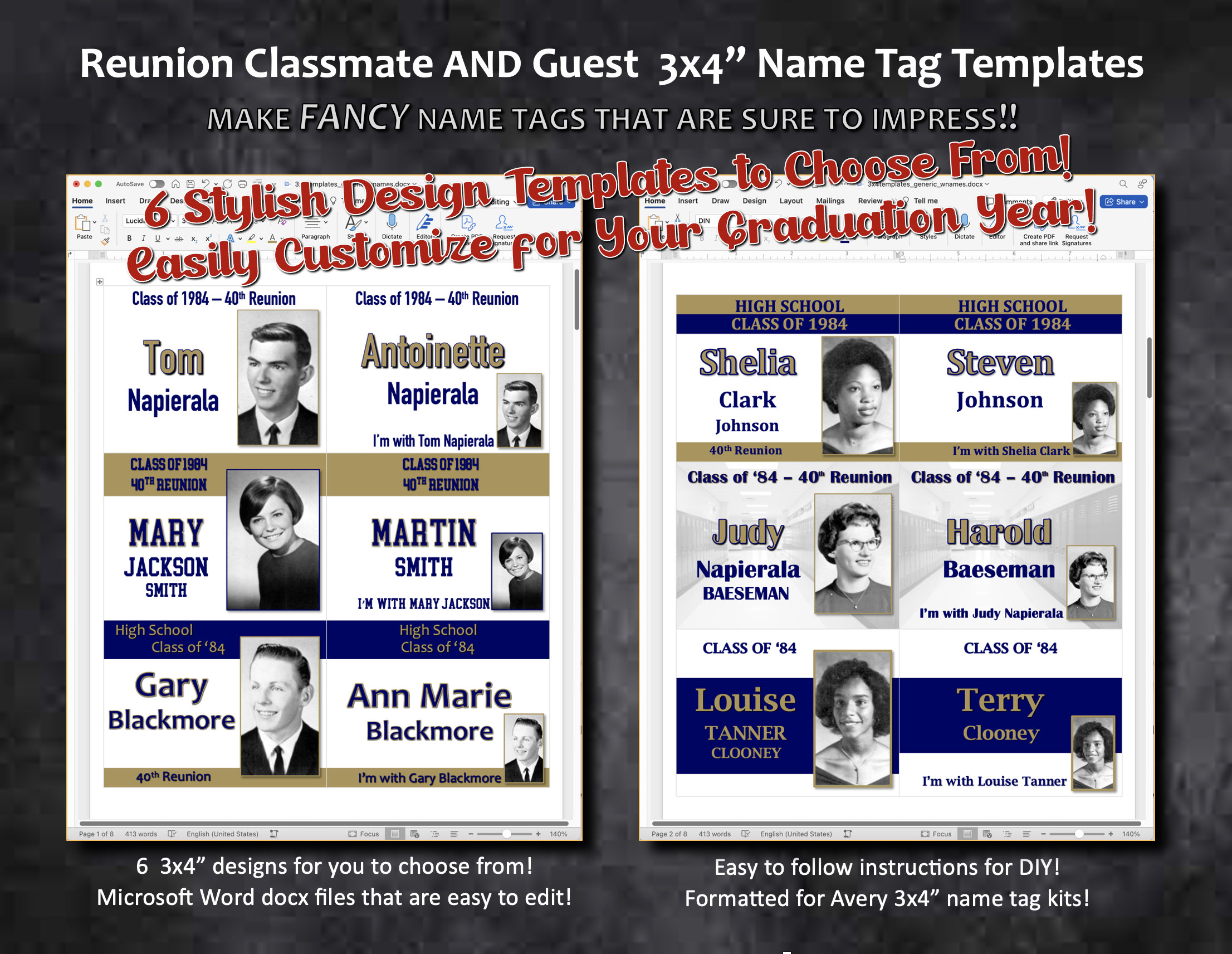 Reunion Name Tag Templates - DIGITAL DOWNLOAD (vegas Gold and Navy Blue ...