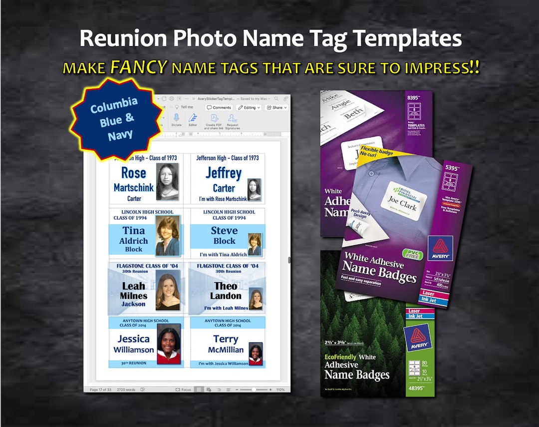 Class Reunion Avery Sticker Name Tag Templates - (columbia Blue & Navy ...
