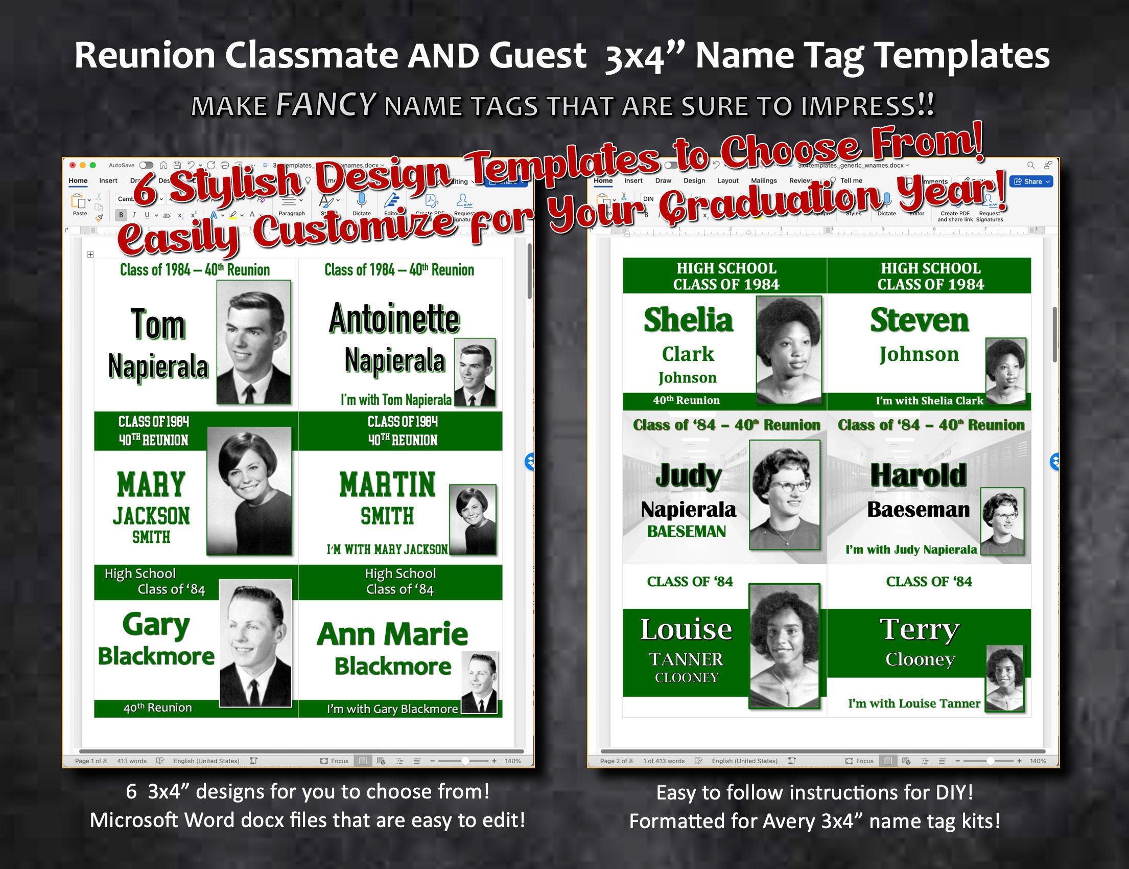 Reunion Name Tag Templates - DIGITAL DOWNLOAD (green and White) 3"x4 ...