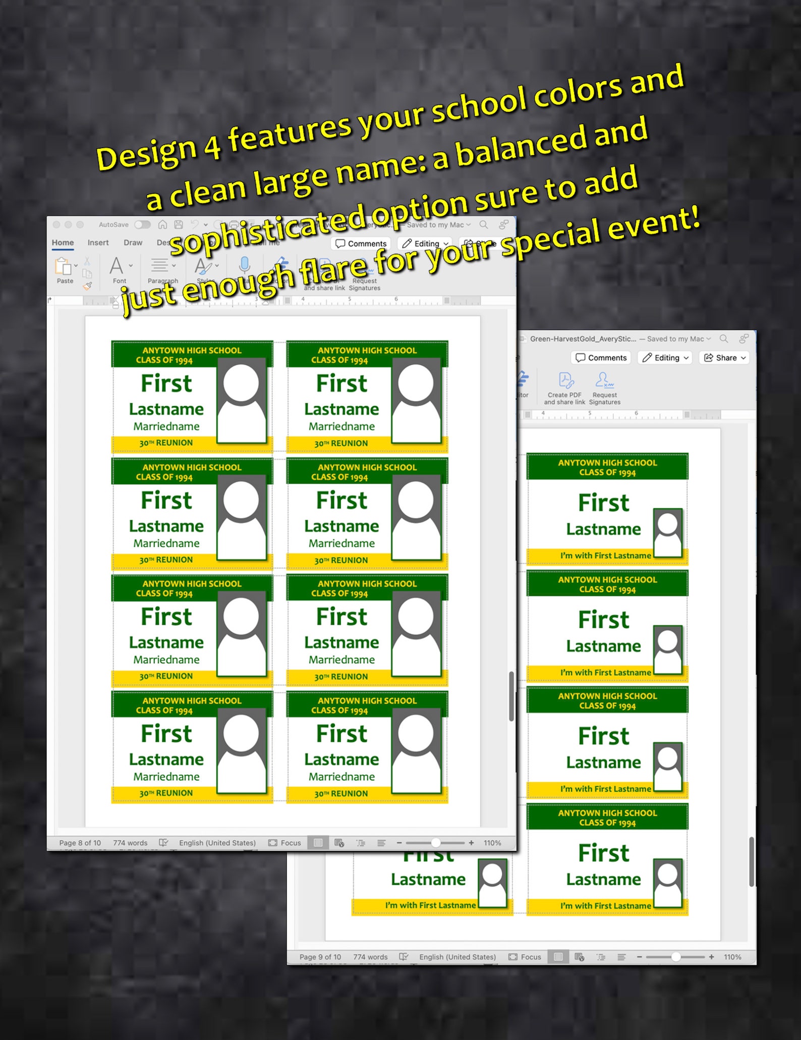 Class Reunion Avery Sticker Name Tag Templates - (green & Harvest Gold ...