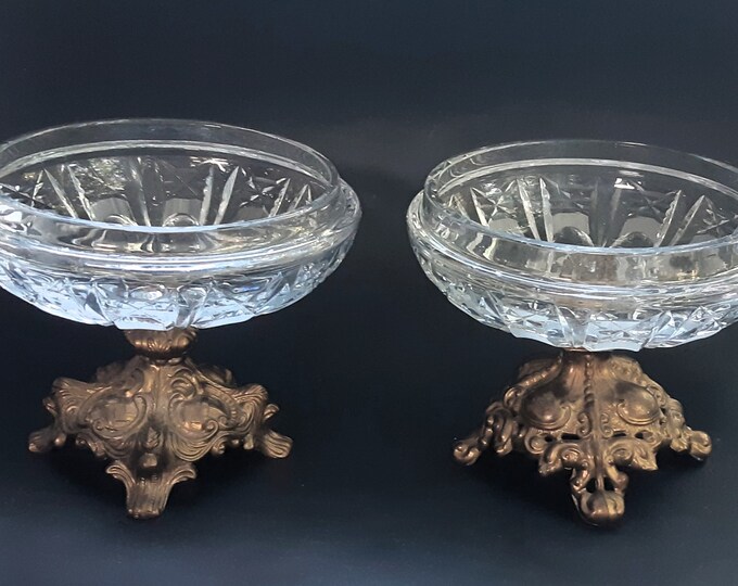 Lead Crystal Bowls Compote Ornate Cast Brass Pedestal Base Hollywood ...