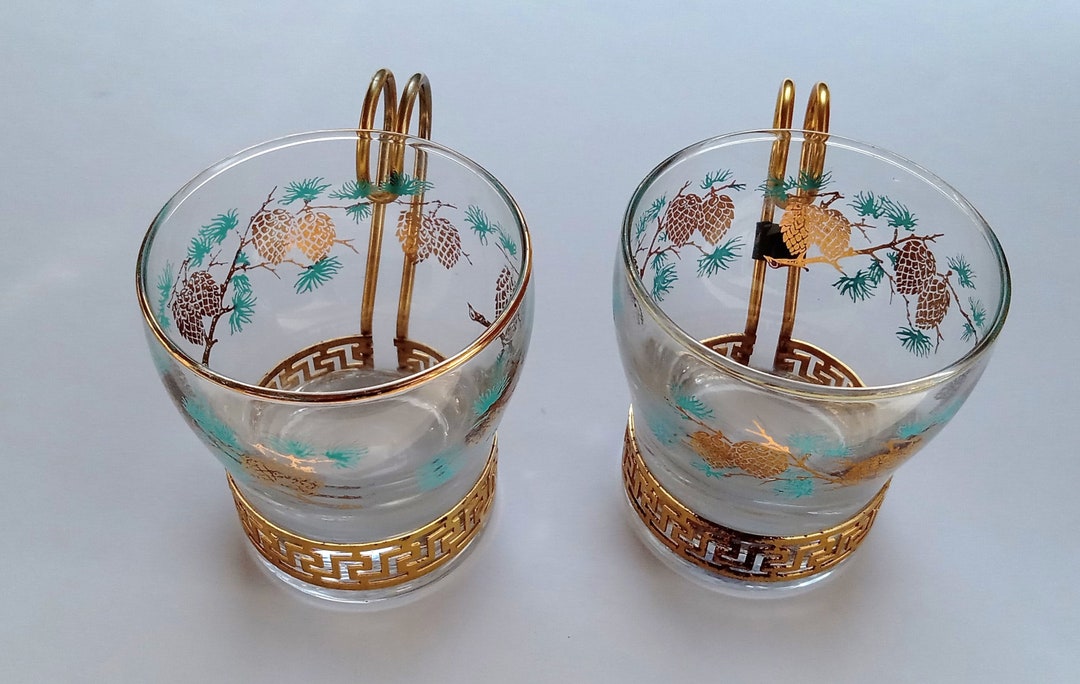 VTG Libbey David Douglas Glass Cups Teal Turquois Aqua & Gold Pinecone ...