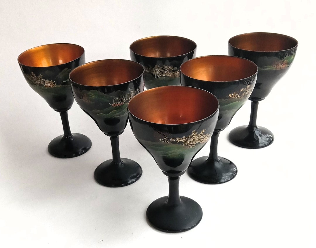Vintage Asian Chinese Lacquerware Stem Glasses Goblets Set of 6 Hand ...