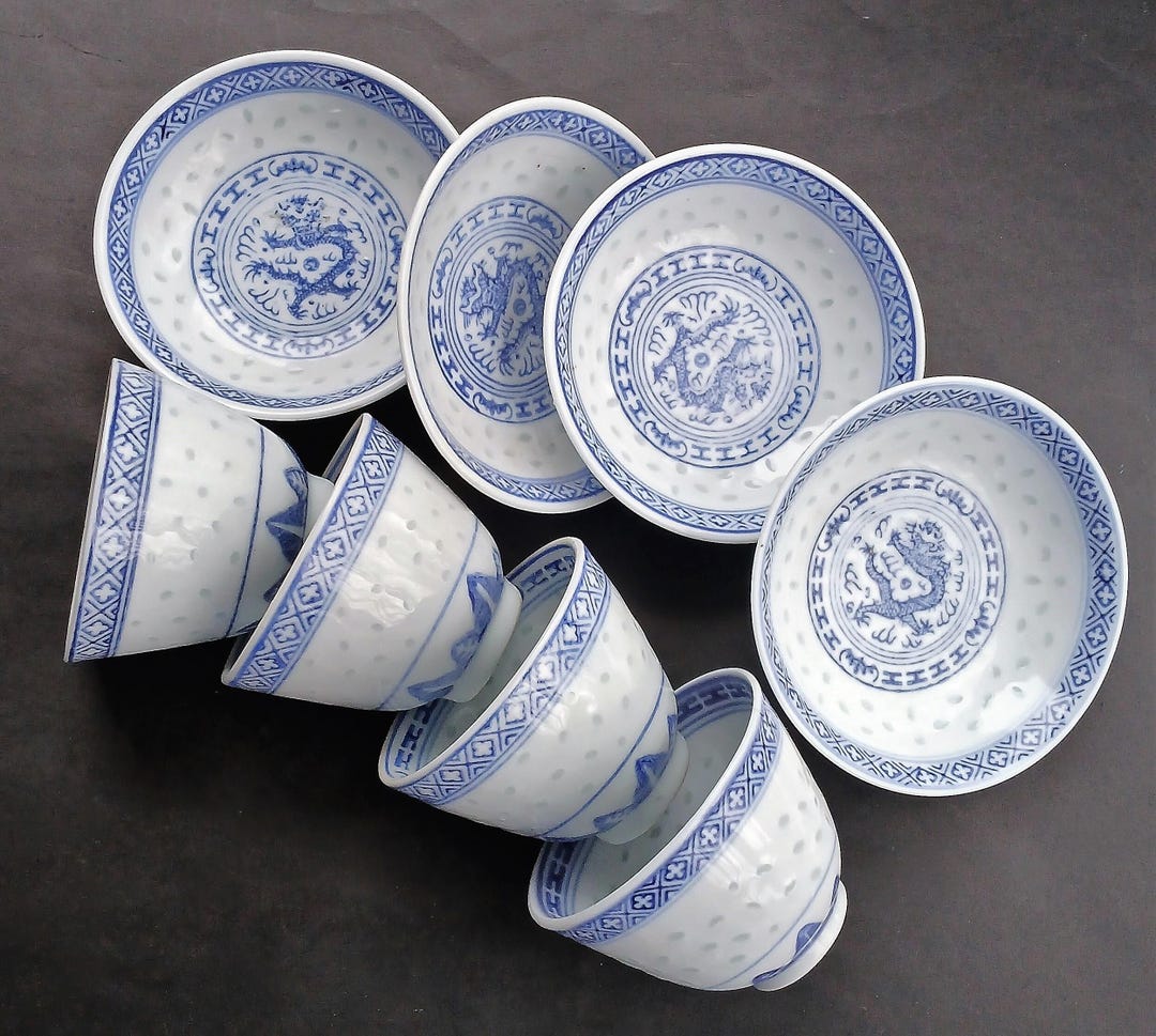 VTG Chinese Blue & White Rice Grain Porcelain Translucent 4 Cups or 4 ...