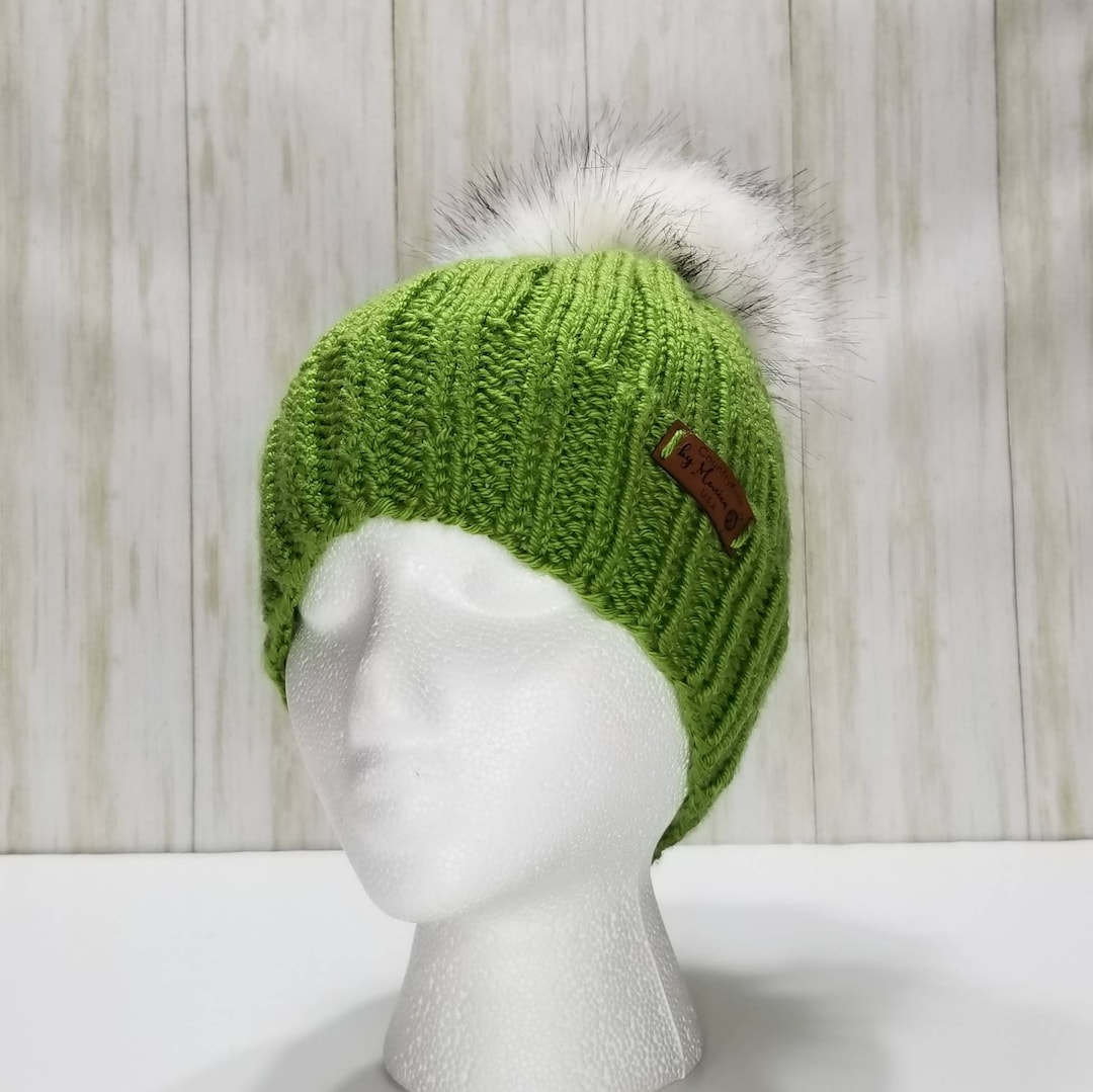 Green Knitted Adult Winter Hat, Hat With Faux Fur Pompom, Winter Knit ...