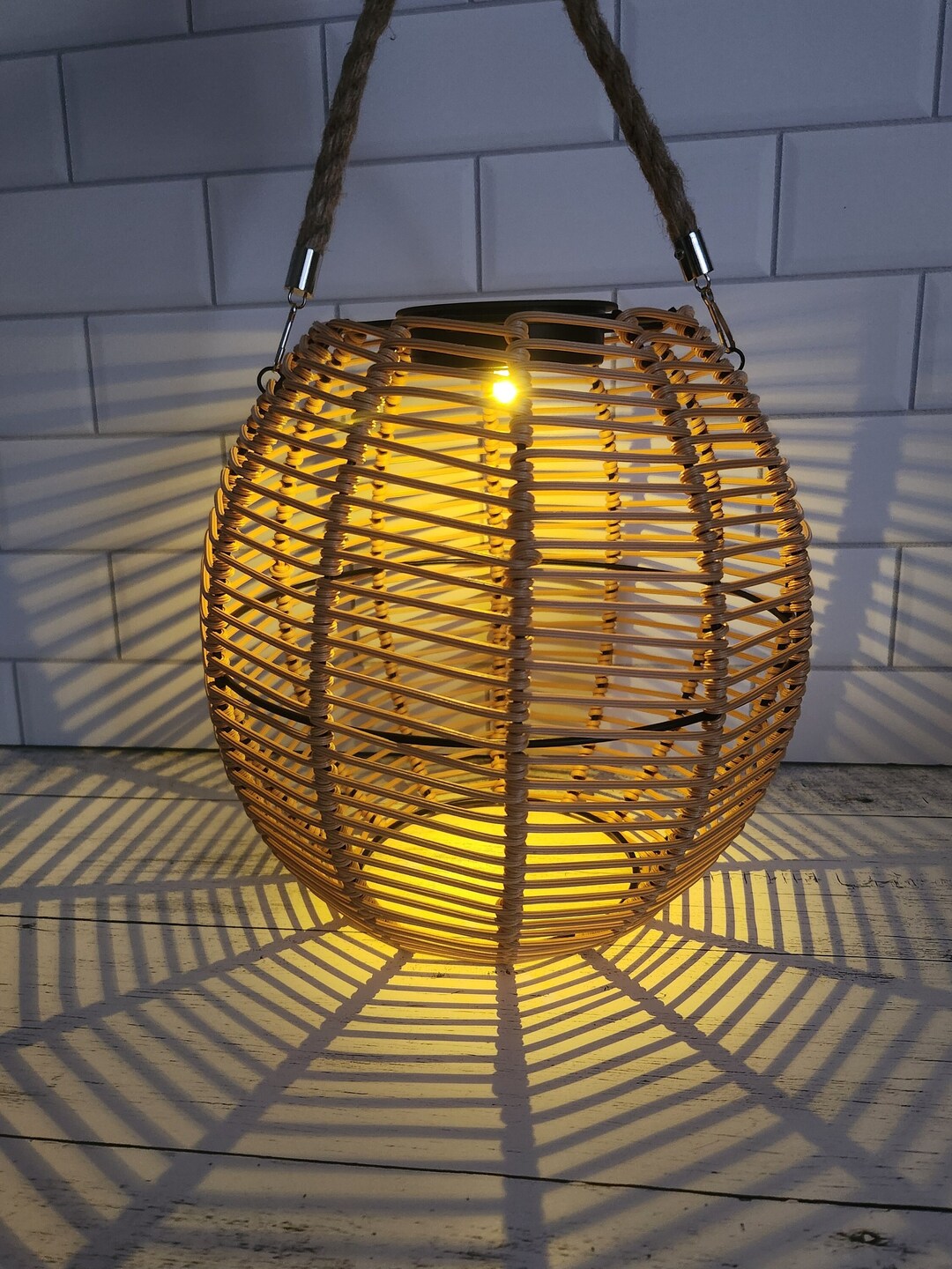 Large Round Rattan Solar Lantern With Rope Hanger | Garden Decor ...