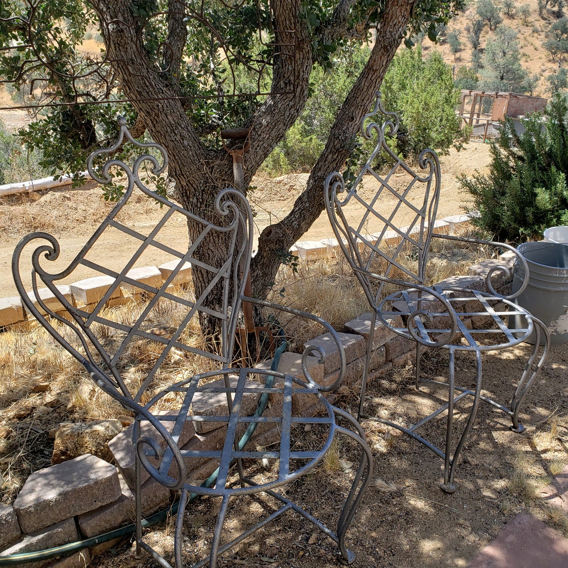 2 Vintage Garden Chairs, Elaborate Steel, Painted Silver, English ...