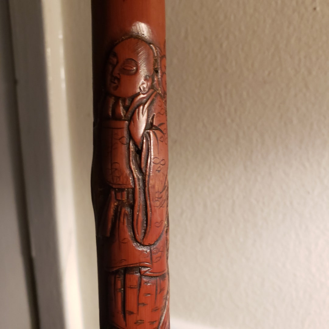 Antique Buddha Bamboo Cane, Walking Stick, Aesop, Hand Carved Root Wood ...