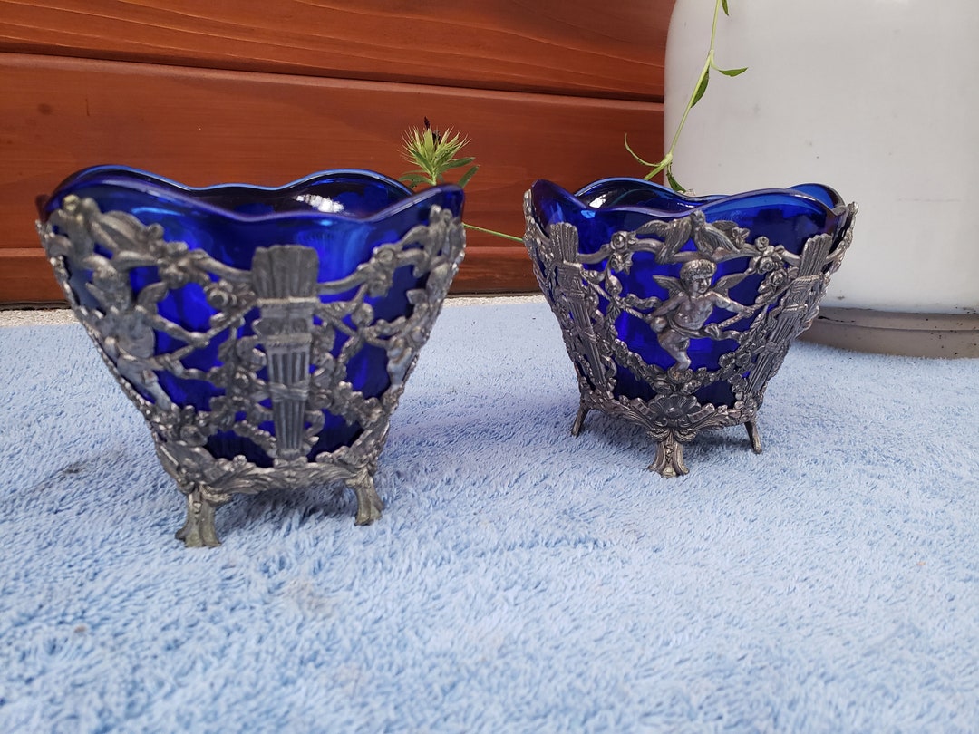 Silver Plated Cobalt Blue Glass Bowls, 2 Beautiful Vintage Compote ...