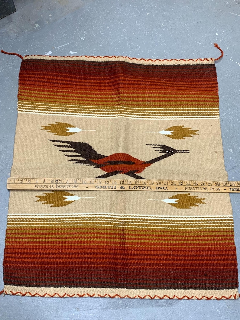 VTG Mexican Hand Woven Pictorial Roadrunner Wool Rug Saddle Blanket 29. ...