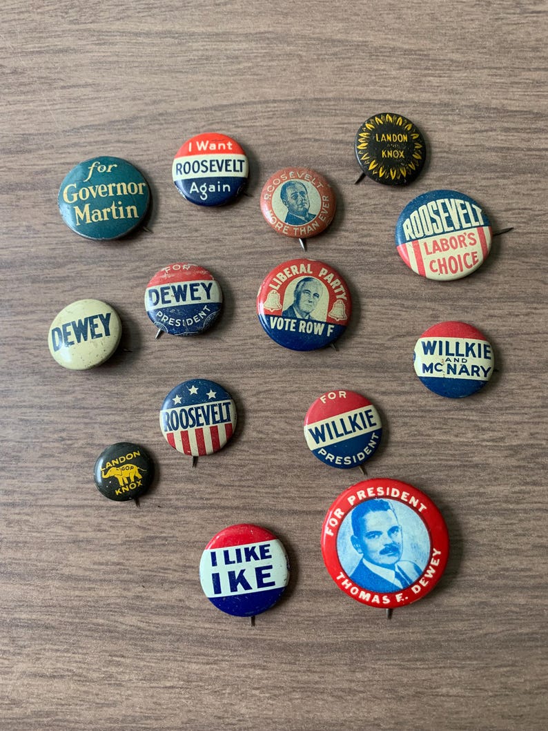 Vintage Lot of 14 Political Pins 1940's & 1950's Roosevelt Landon Knox ...