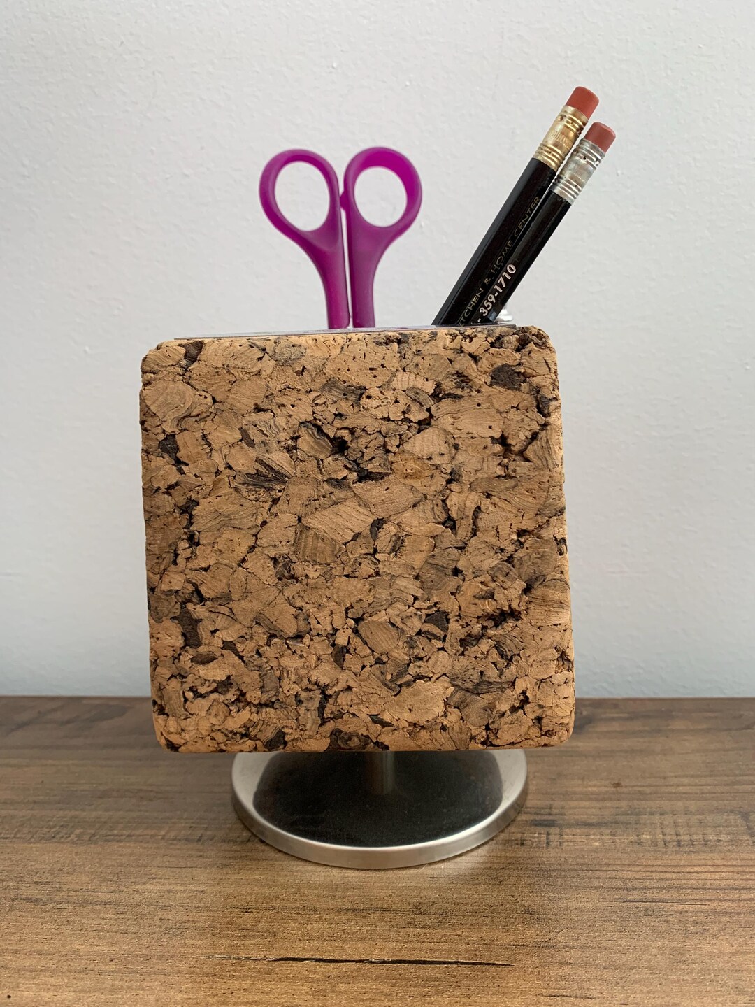 Vintage Desk Caddy With Cork Spinning Holds Pens Scissors Notes ...