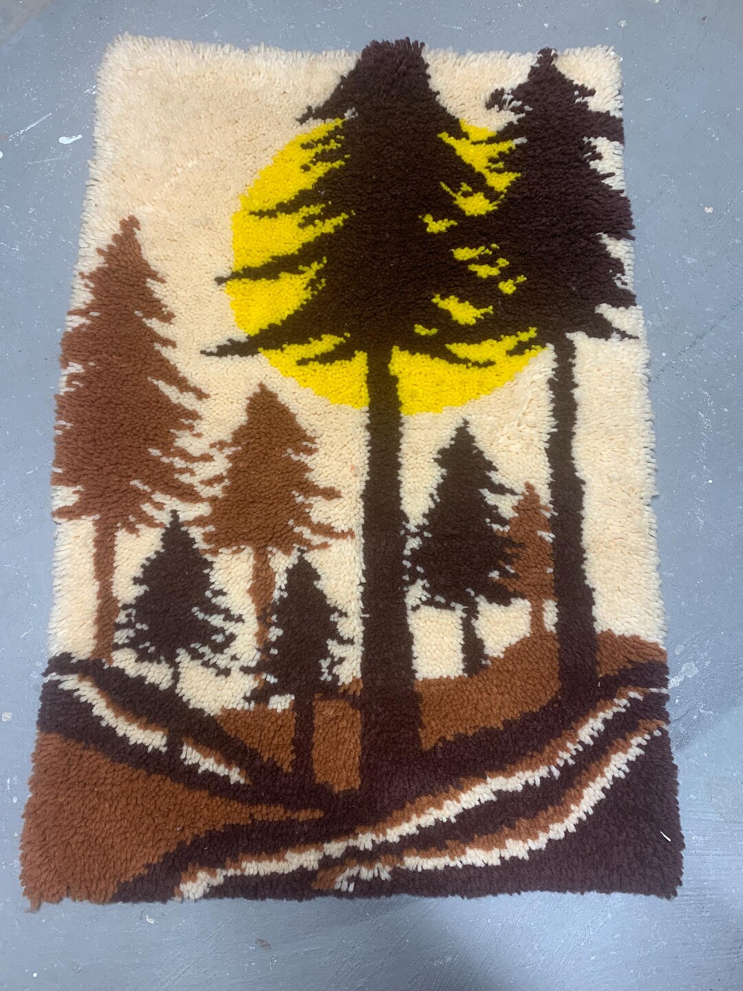 Vintage Latch Hook Shag Rug 1970's Woods Forest Sunset Outdoors 36x24 ...