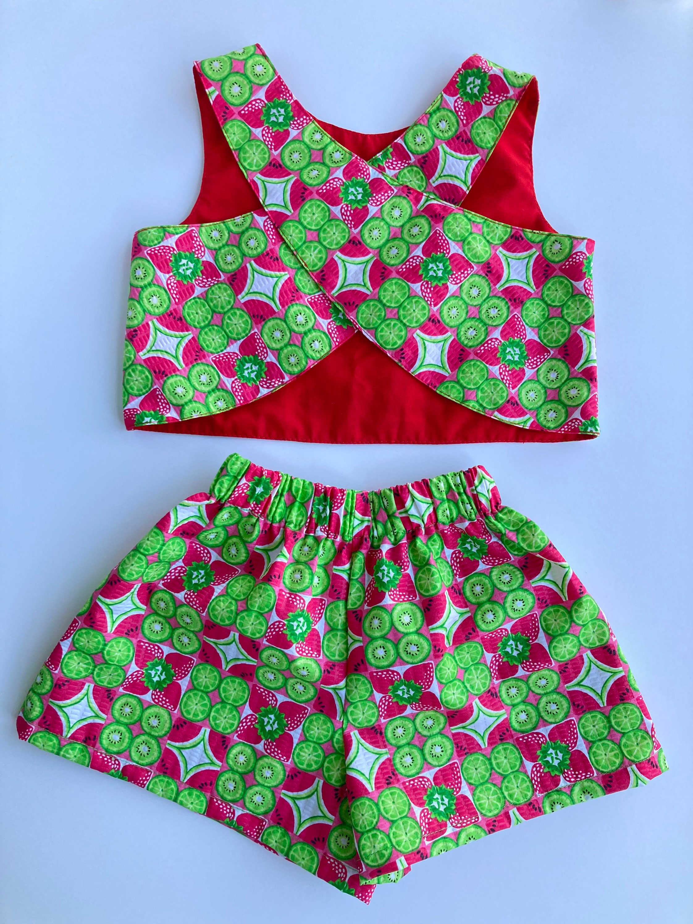 Girls' Strawberry Kiwi Criss-cross Back Cotton Short Set - Reversible ...