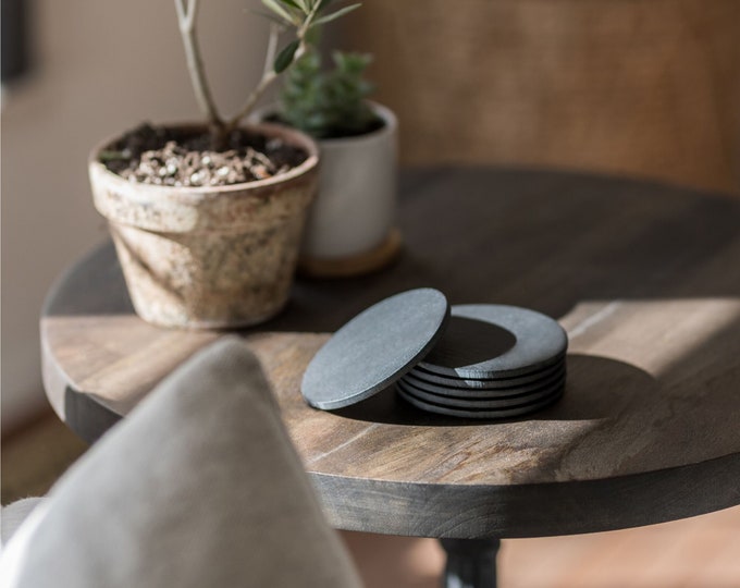 Circle Slate Coasters | Set of 6 | Black Stone Coaster | Beverage ...