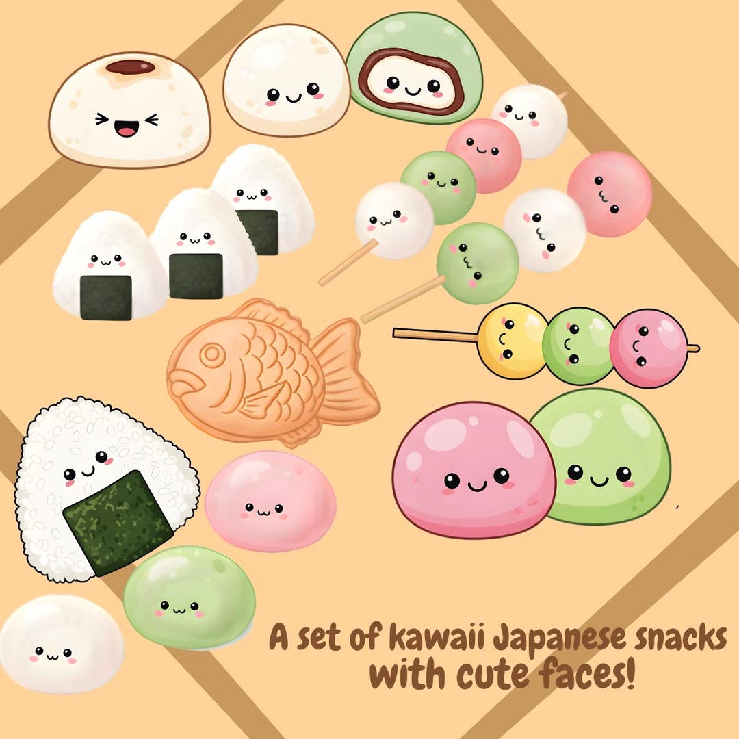 Kawaii Japanese Snacks Clipart Set | Cute Mochi Dango Taiyaki Onigiri ...