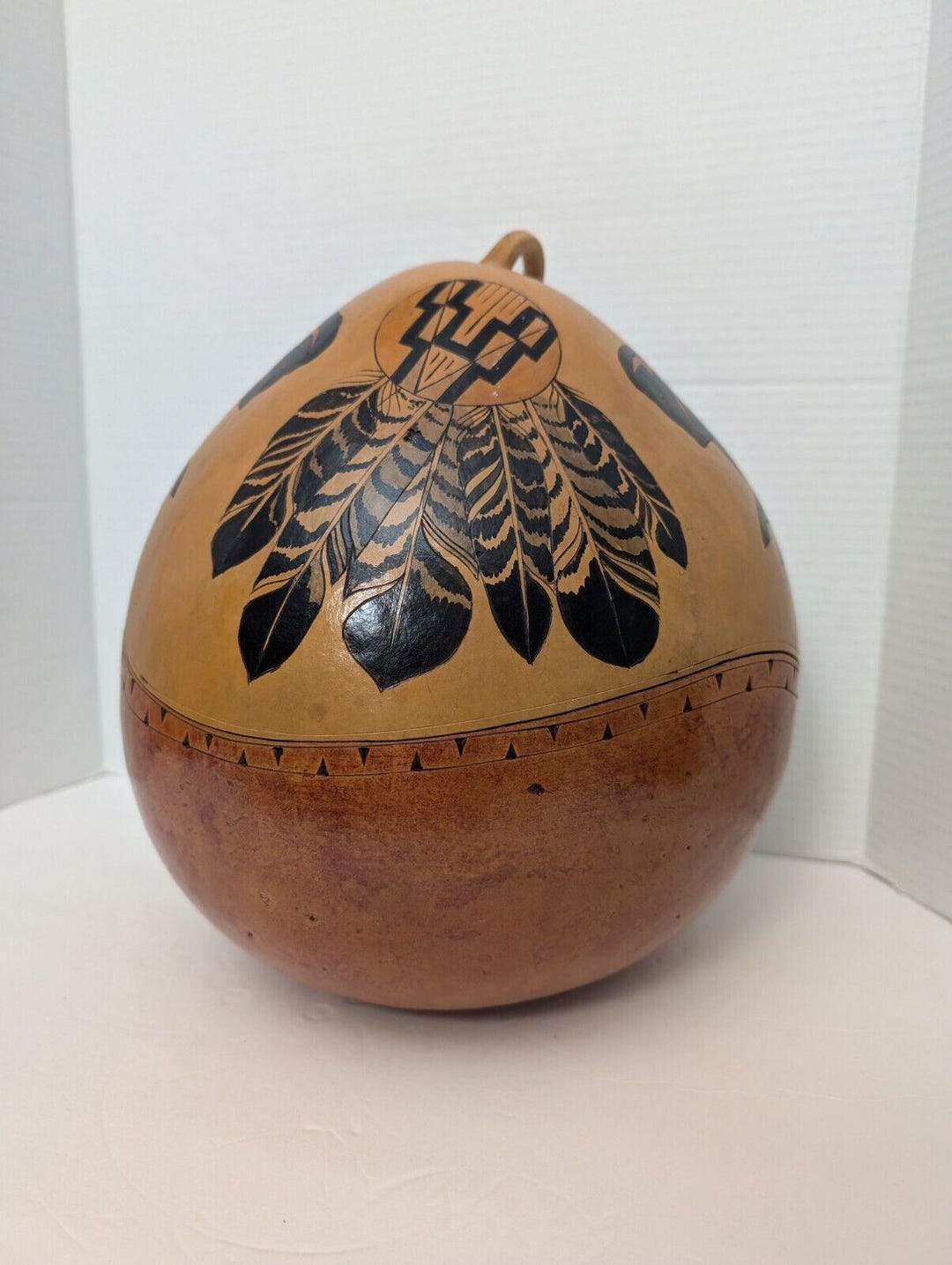 Very Large Native American Hand Painted Gourd Feathers and Buffalo ...