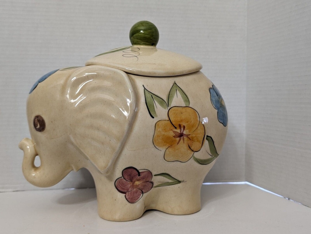 Vintage Large Ceramic Flowered Elephant Cookie Jar - Etsy