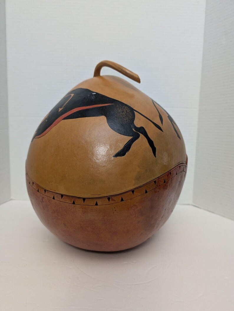 Very Large Native American Hand Painted Gourd Feathers and Buffalo ...