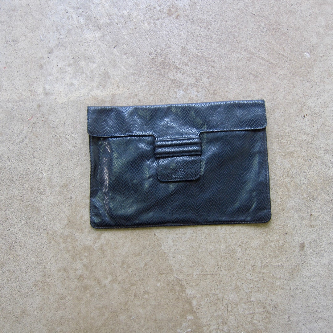 80s Snake Skin Black Leather Clutch Vintage MARGOLIN Envelope Handbag ...