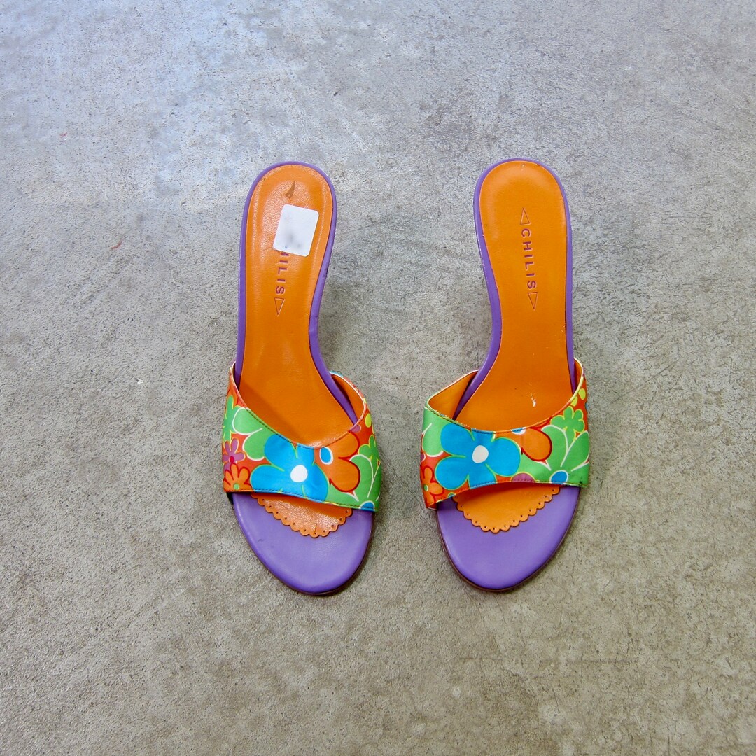 Flower Kitten Heel Sandals Colorful Leather Slip on Mules Summer Resort ...