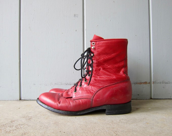80s JUSTIN Leather Ropers | Red Lace up Boots | Vintage Leather Brogues ...
