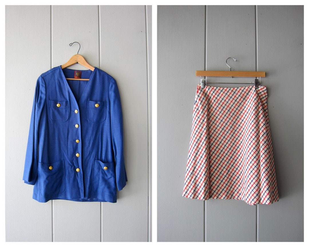 Vintage 70s Matching Two Piece Outfit Blue Blazer Jacket & Mini Aline ...