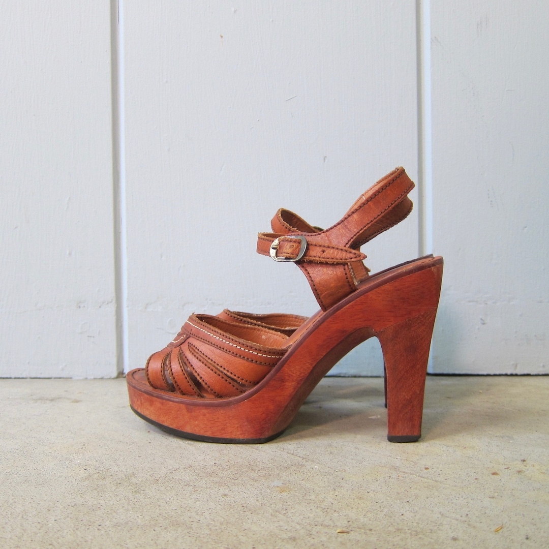 70s High Heel Leather Sandals Sky High Wooden Heel Pumps Vintage Boho ...