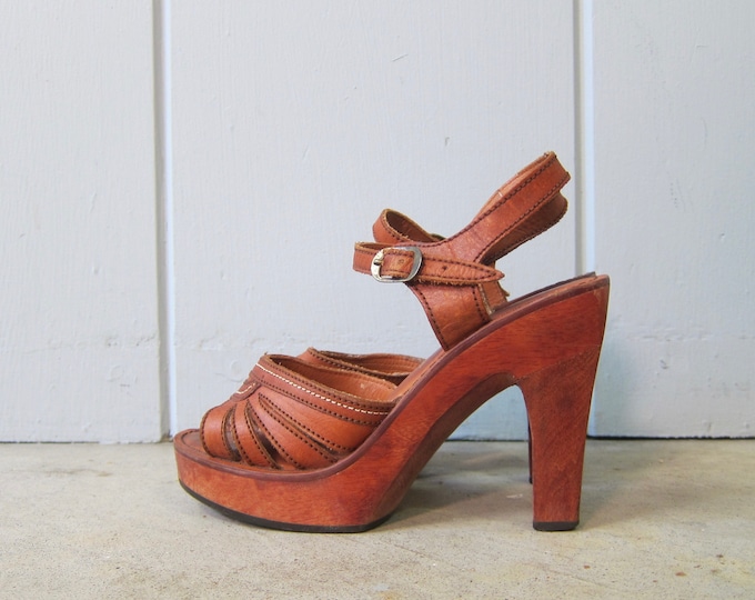 70s High Heel Leather Sandals | Sky High Wooden Heel Pumps | Vintage ...