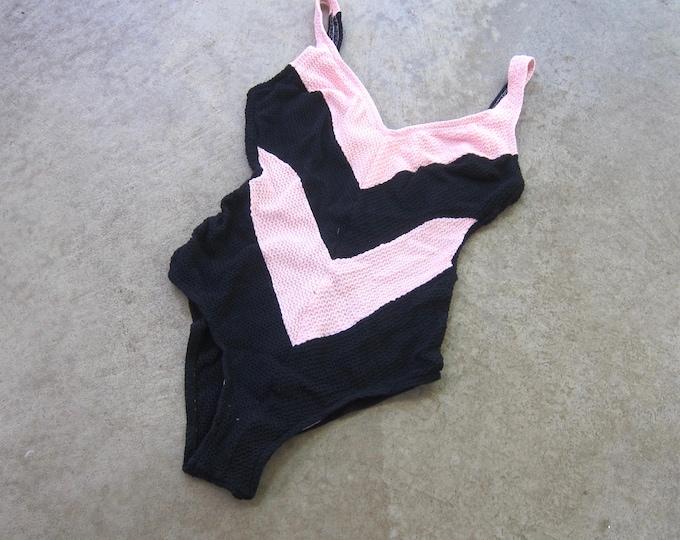 80s Black Pink One-piece Swimsuit – Backless Retro 1980s Knit Bathing ...
