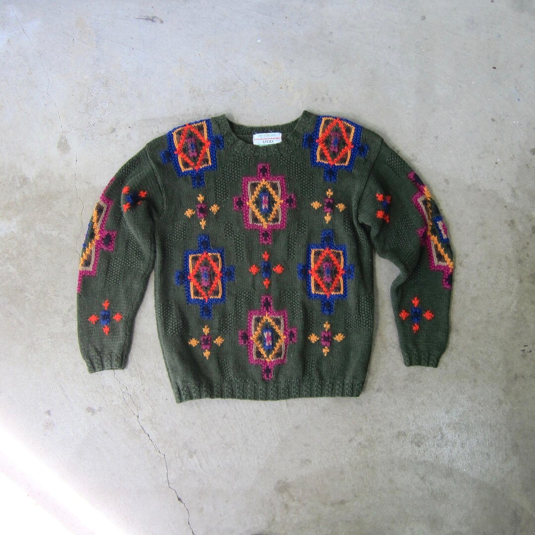 Vintage Hand Knitted Tribal Print Sweater | IZOD Dark Green Colorful ...